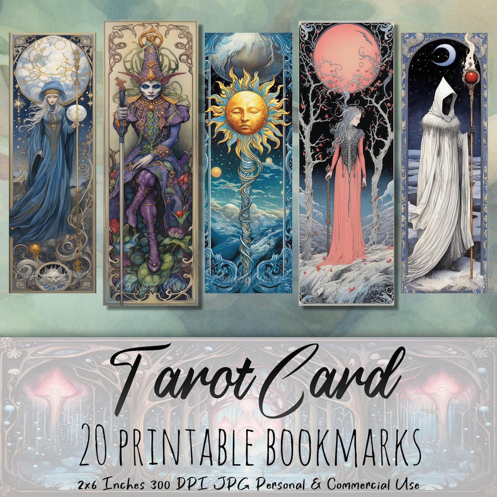 20 Mystical Tarot Card Bookmarks, Watercolor Clipart (printable JPG ...