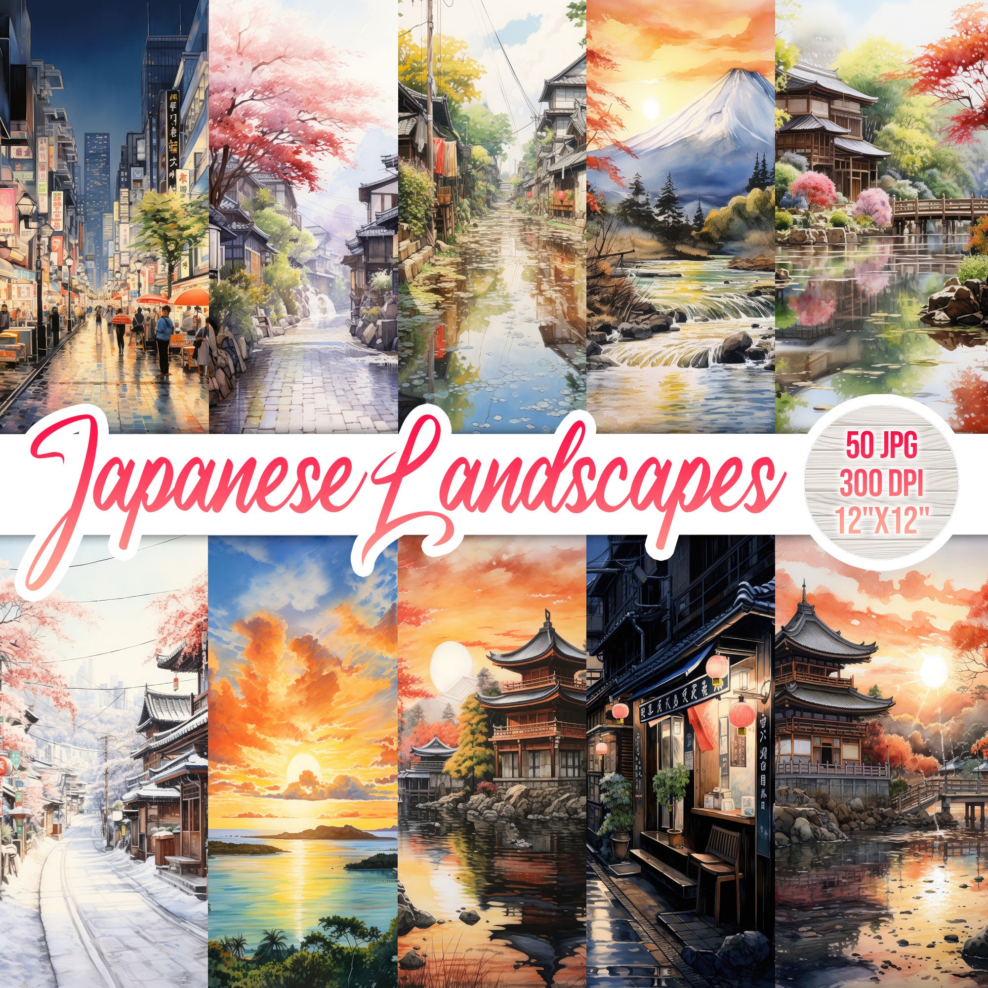 50 Japanese Landscape Bundle, Watercolor Landscape, Digital Art, Landscape Clipart, Printable ...