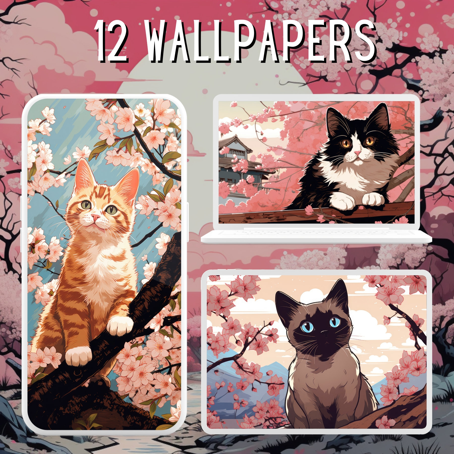12 Cherry Blossom Cat Wallpaper Bundle Japanese Wallpaper - Etsy