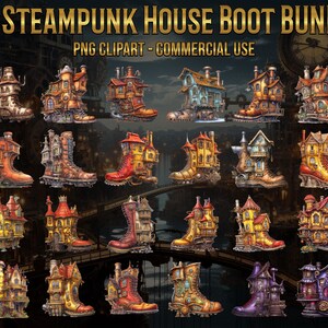 Steampunk House Boot Watercolor Clipart Bundle (107 PNG) - Commercial ...