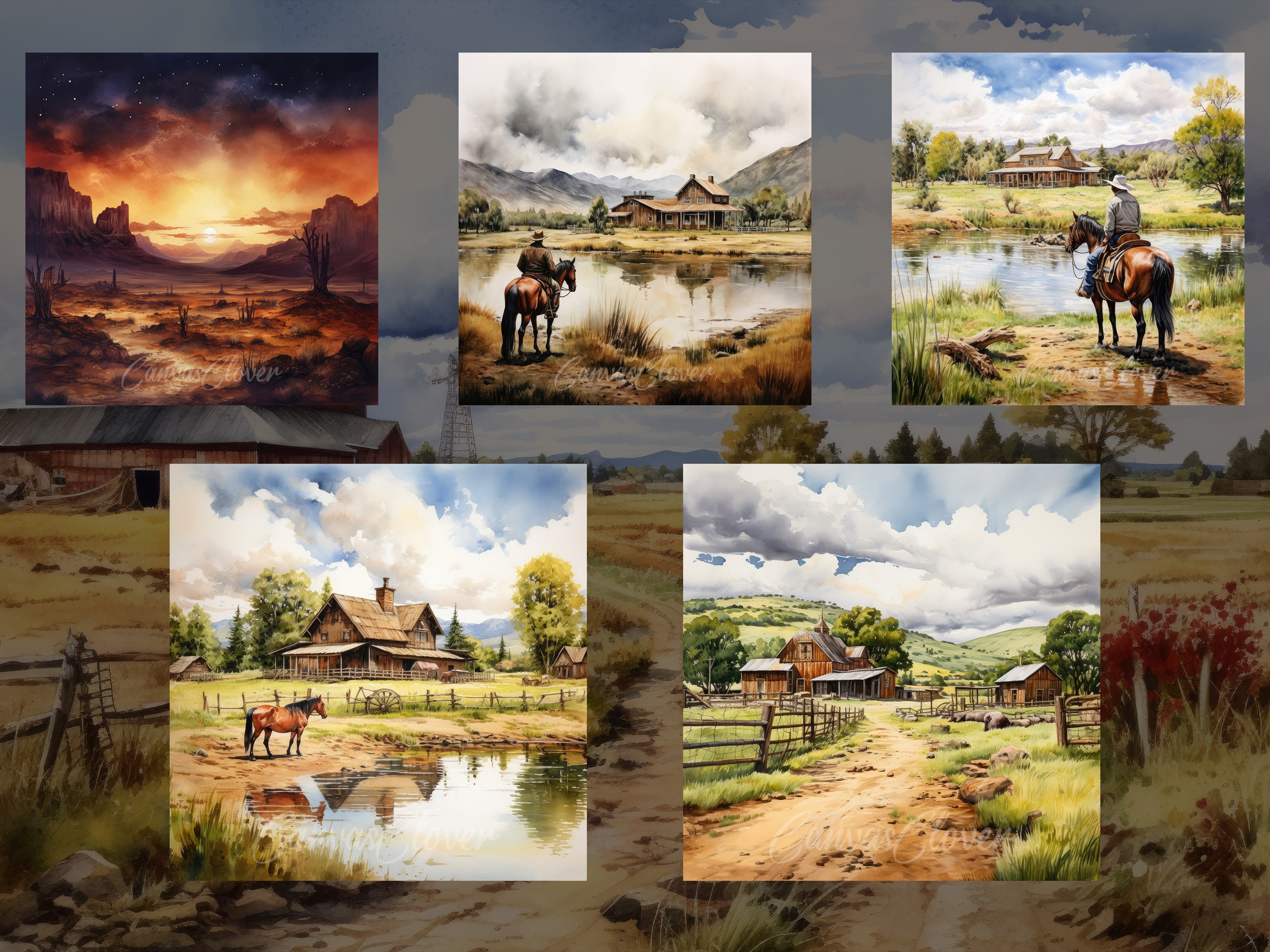 20 Western Ranch Bundle, Watercolor Western, Digital Art, Paper ...