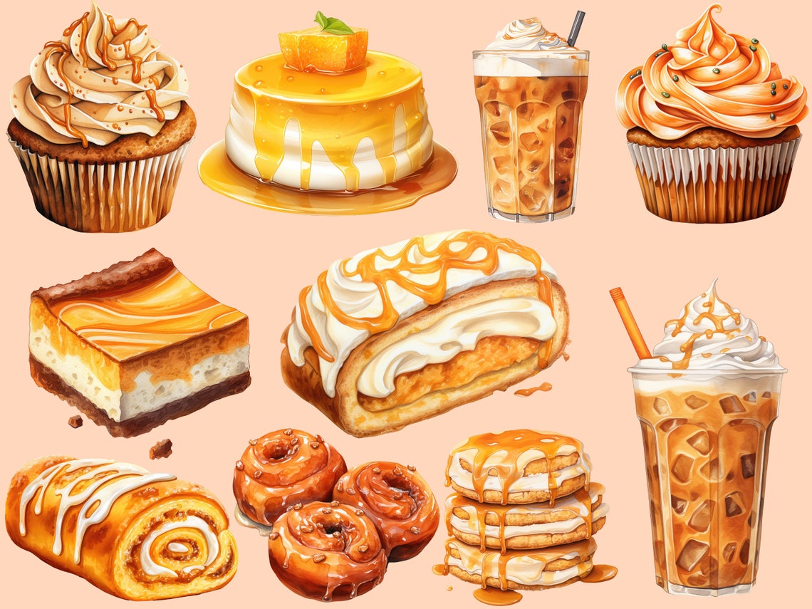 Pumpkin Spice Treats Watercolor Clipart Bundle - 77 PNG Images, Instant ...