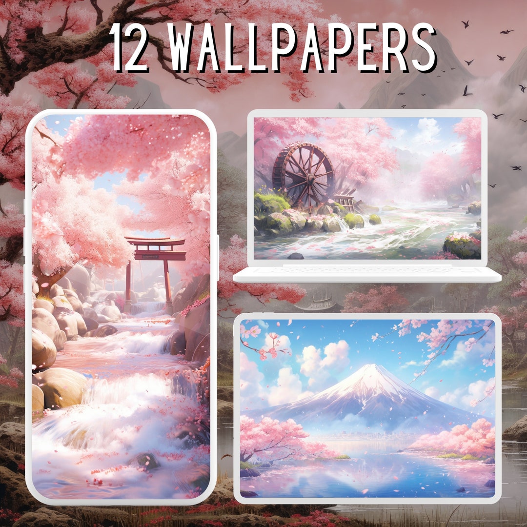 12 Cherry Blossom Landscape Wallpaper Bundle, Japan Wallpaper, Desktop ...