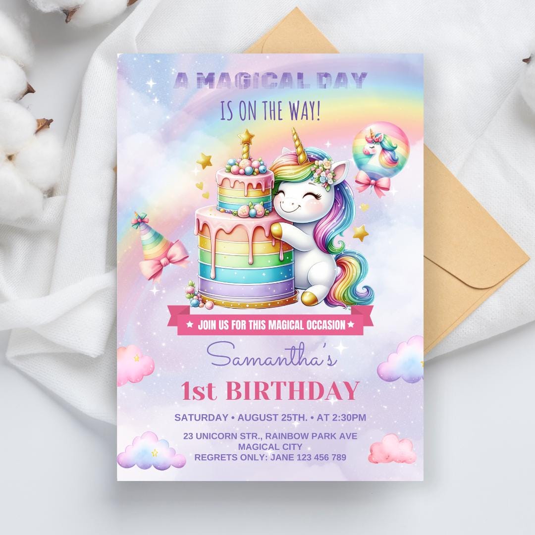 Editable Unicorn Rainbow Birthday Invitation Unicorns Rainbows Sparkles ...