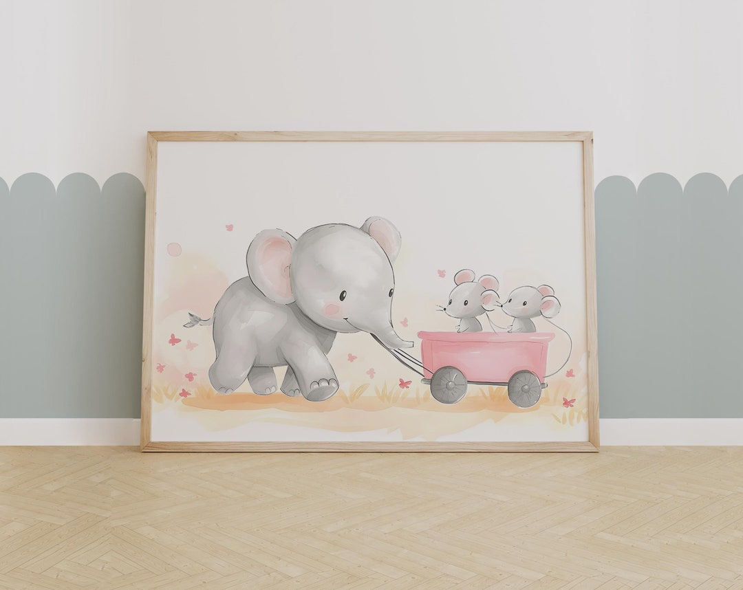 Adorable Elephant Pulling Mice Wagon Nursery Wall Art - Etsy