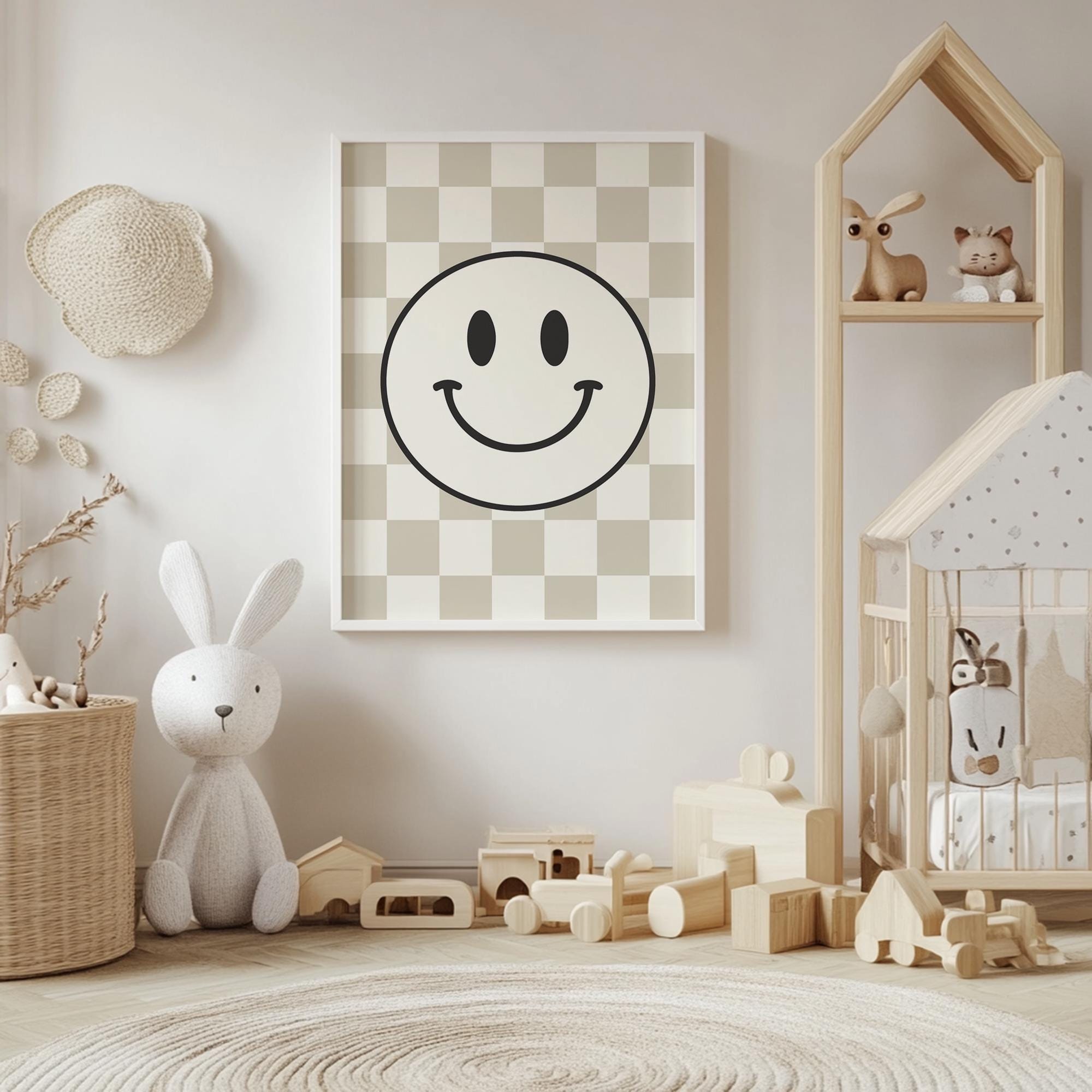 Smiley Face Art Print | Checkered Modern Wall Decor | Minimalist Happy ...