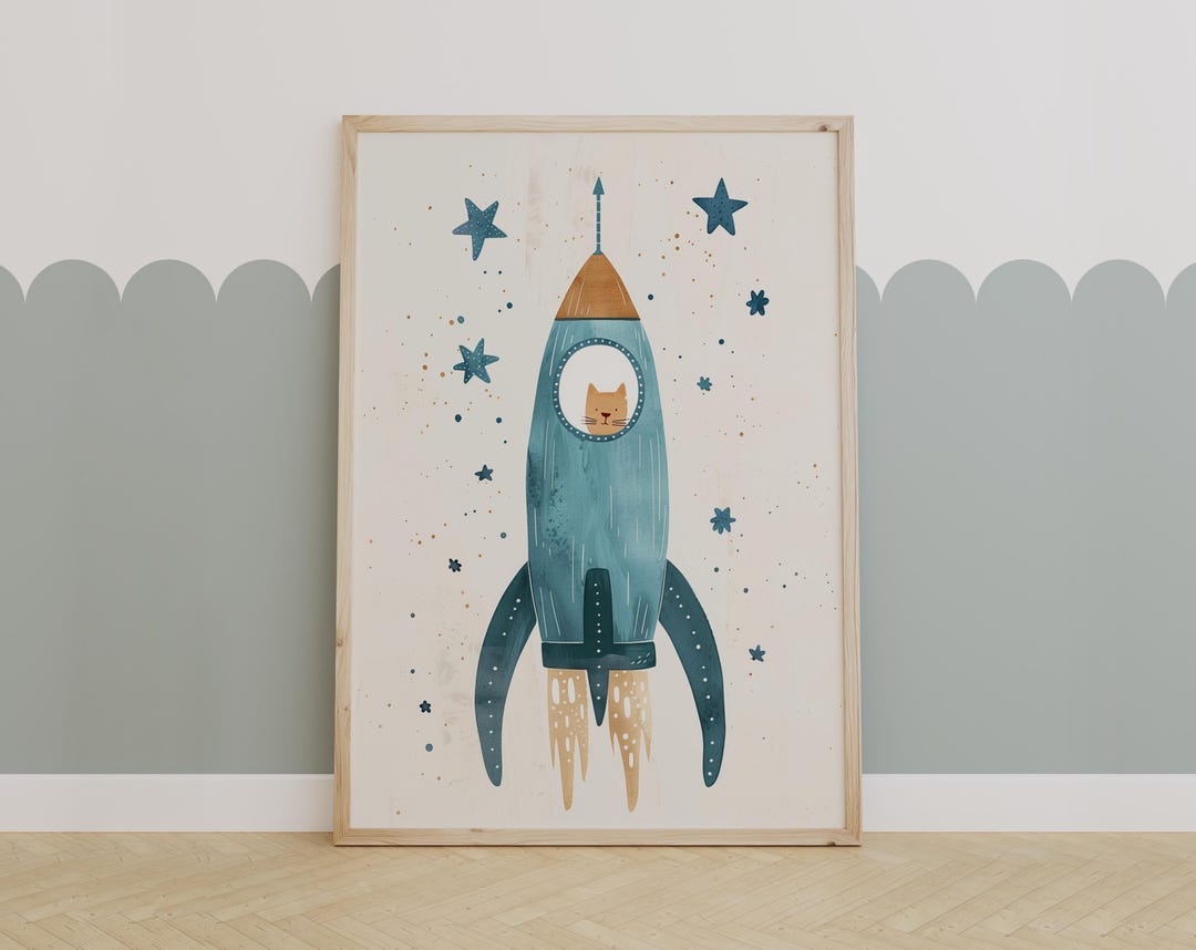 Cat Rocket Wall Art Print | Space Nursery Decor | Astronaut Kitty ...