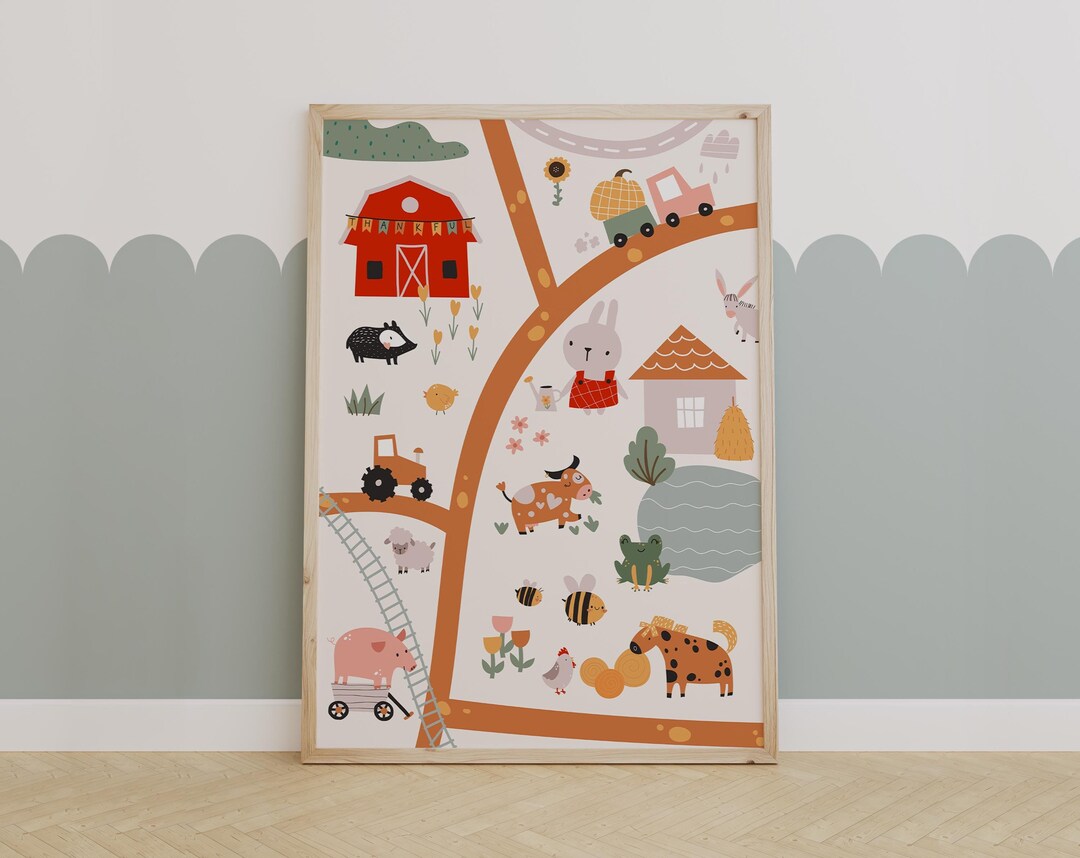 Whimsical Farm Animal Map Wall Art, Educational Farm-themed Printable ...
