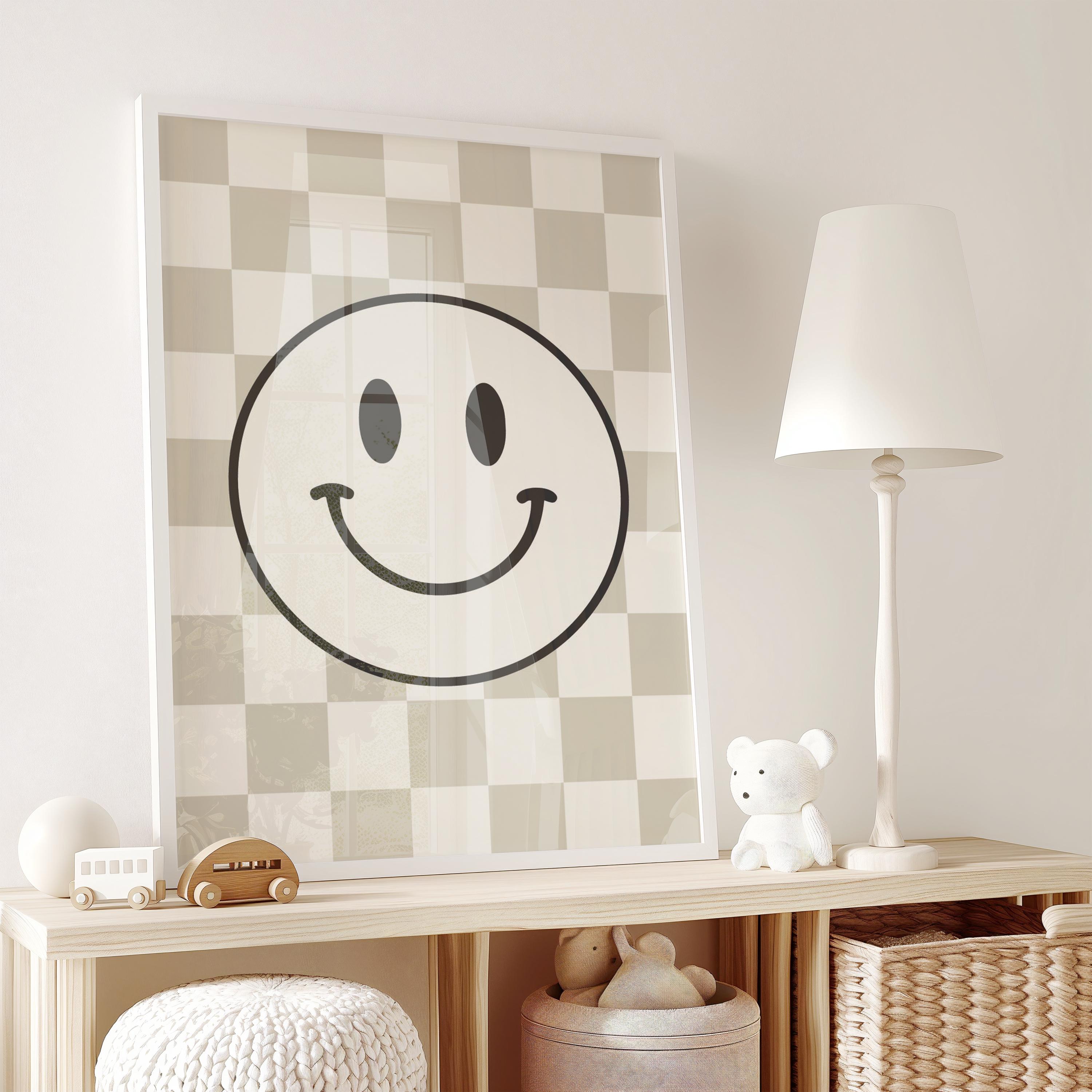 Smiley Face Art Print | Checkered Modern Wall Decor | Minimalist Happy ...