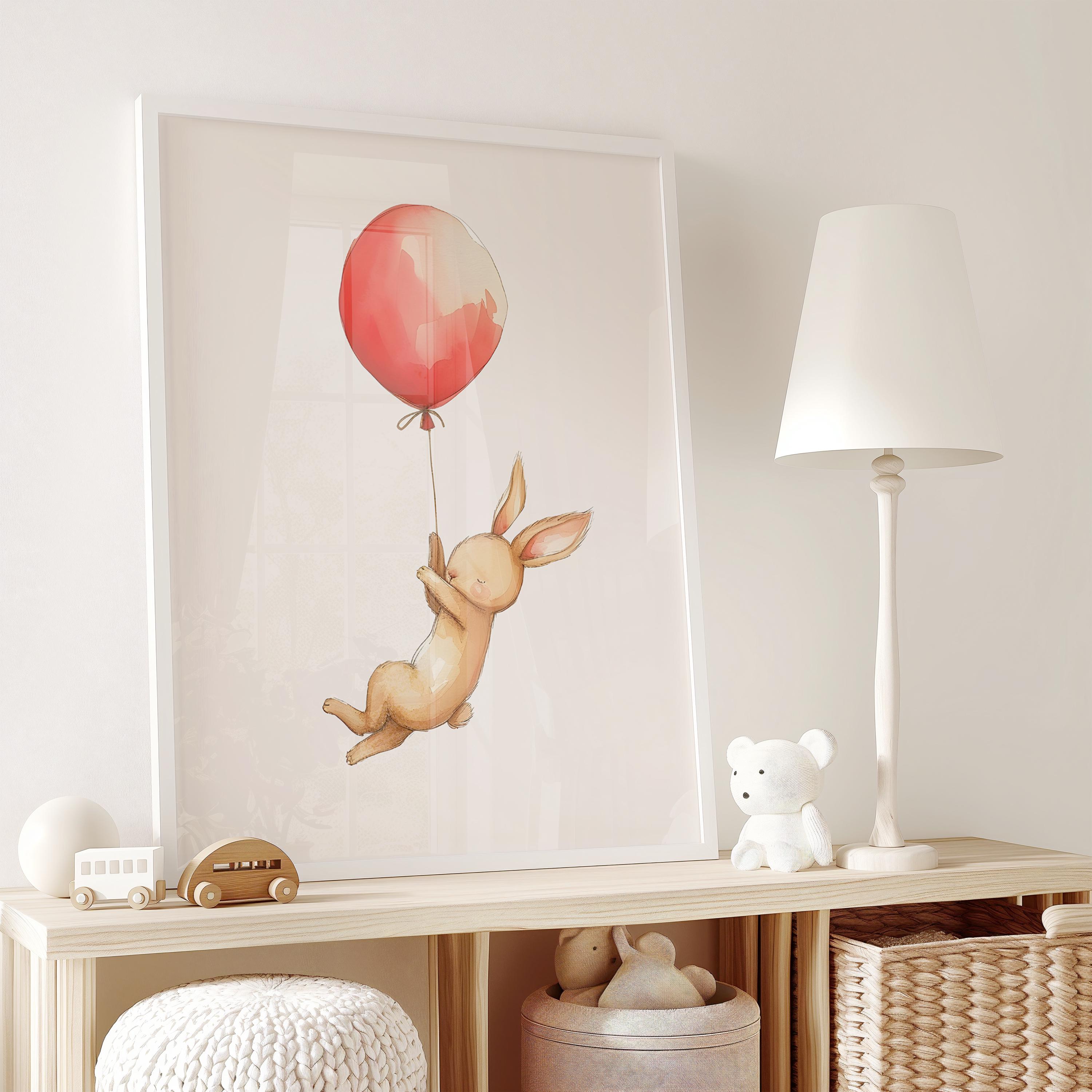 Floating Bunny With Red Balloon - Whimsical Watercolor Art - Etsy