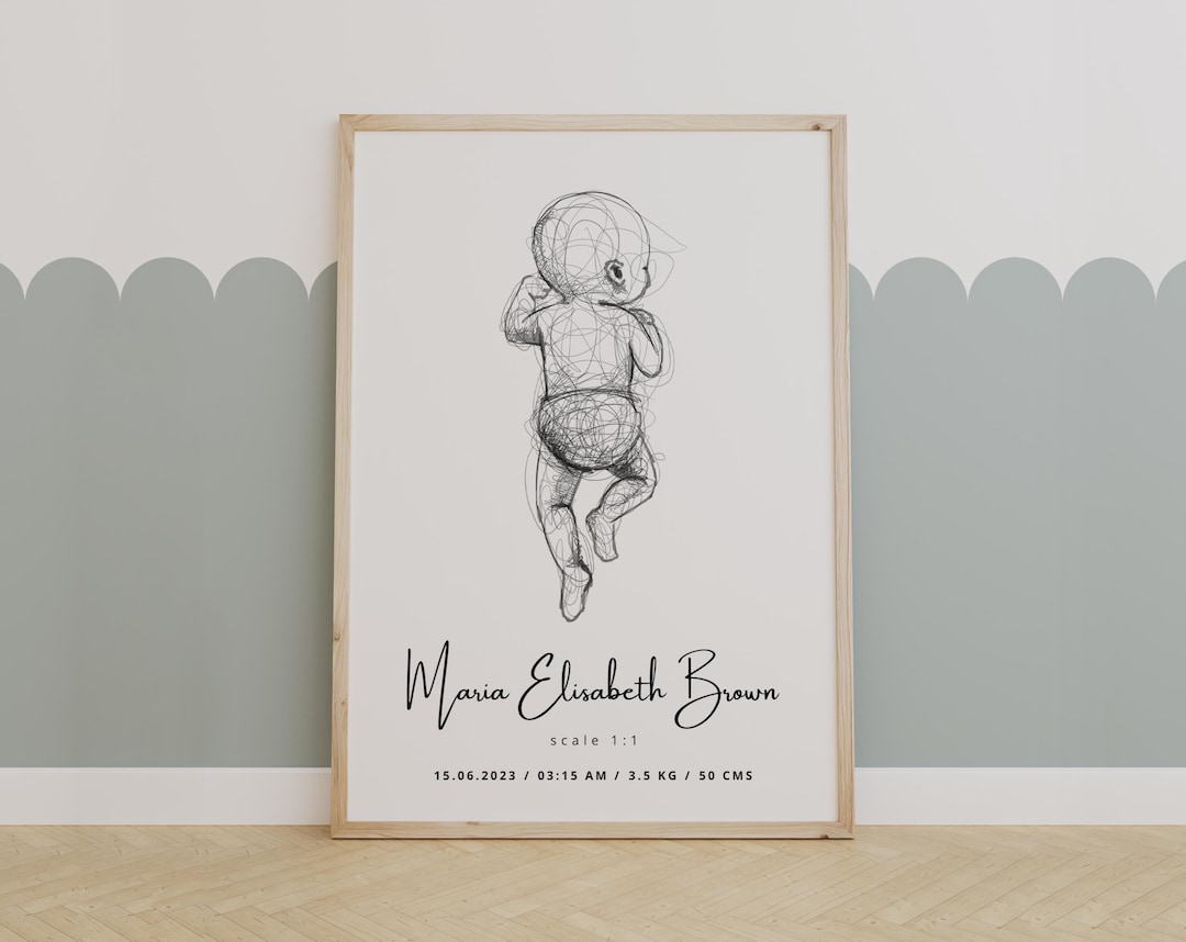 Personalized Baby Birth Poster, Custom Newborn Sketch, 1:1 Scale Baby ...