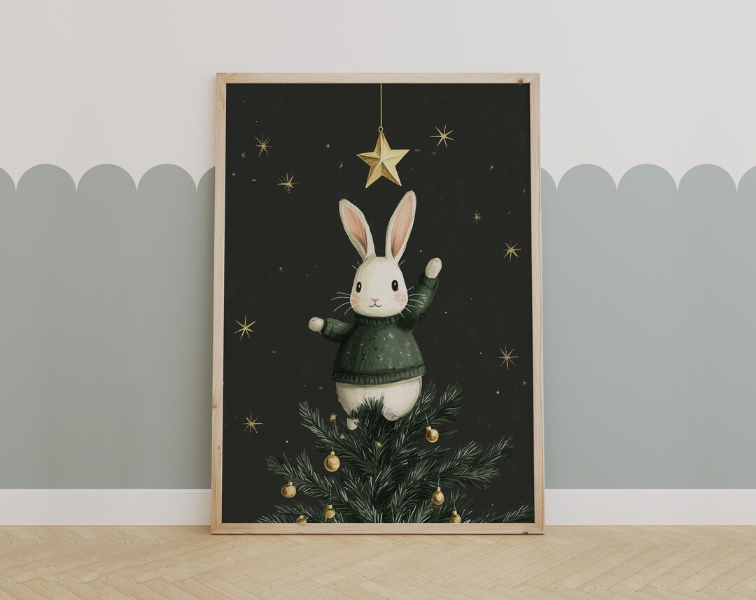 Christmas Bunny Tree Topper - Nursery Holiday Art - Etsy
