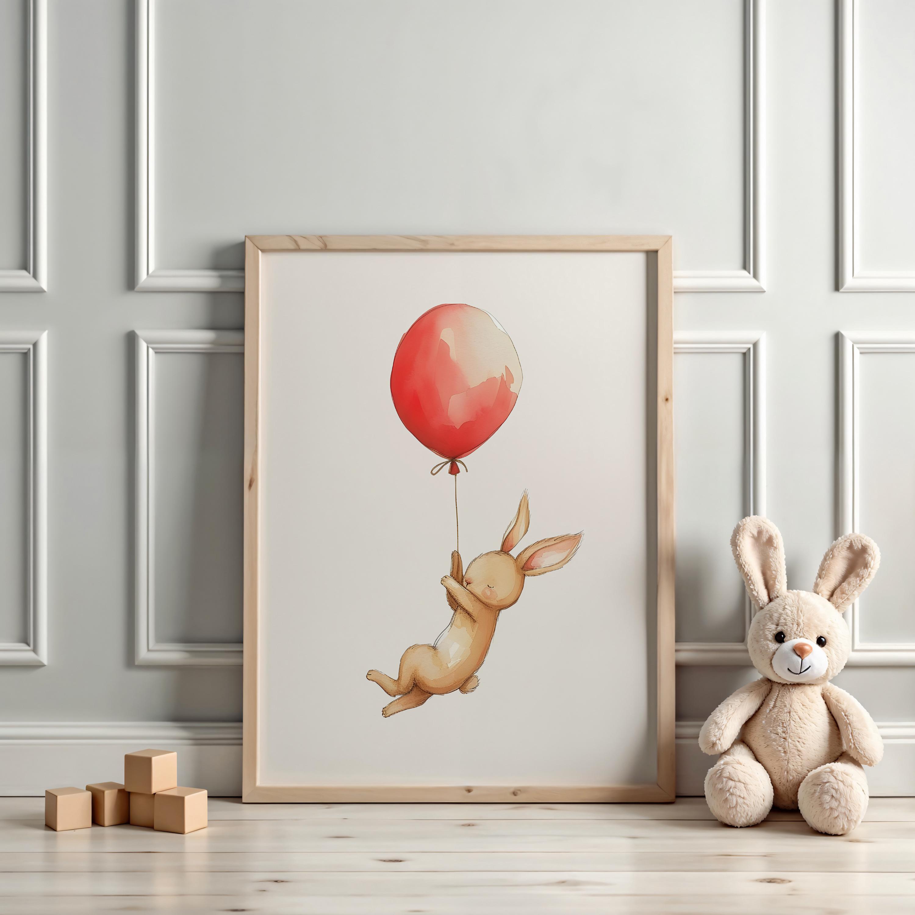 Floating Bunny With Red Balloon - Whimsical Watercolor Art - Etsy
