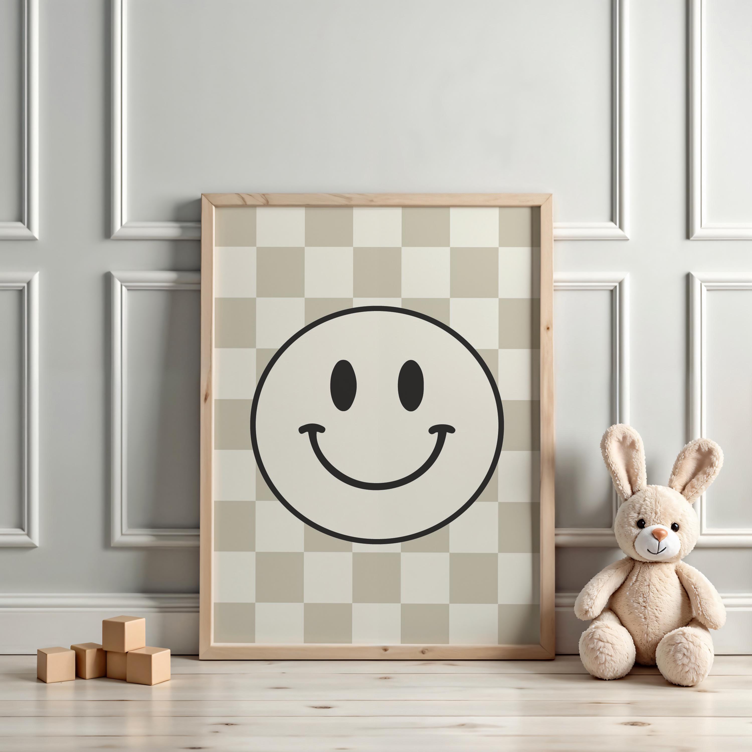 Smiley Face Art Print | Checkered Modern Wall Decor | Minimalist Happy ...