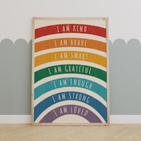 Rainbow Affirmations Wall Art, Affirmations for Kids, I Am Kind Loved ...
