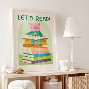 Pig Reading Print, Kids Wall Art, Reading Art, Playroom & Classroom ...
