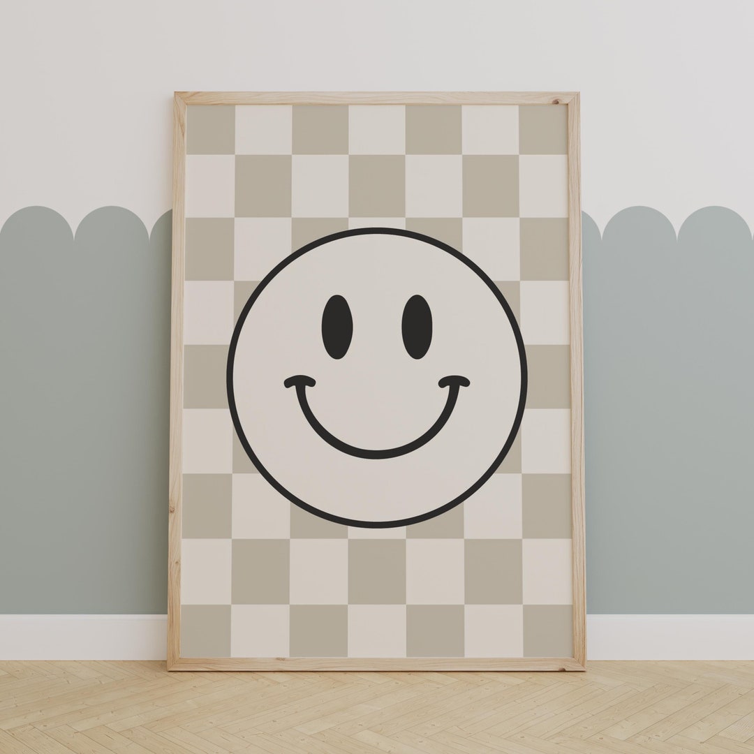 Smiley Face Art Print | Checkered Modern Wall Decor | Minimalist Happy ...