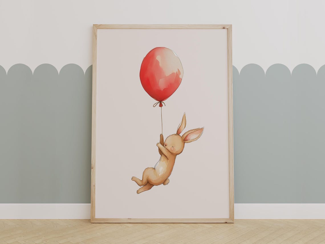 Floating Bunny With Red Balloon - Whimsical Watercolor Art - Etsy