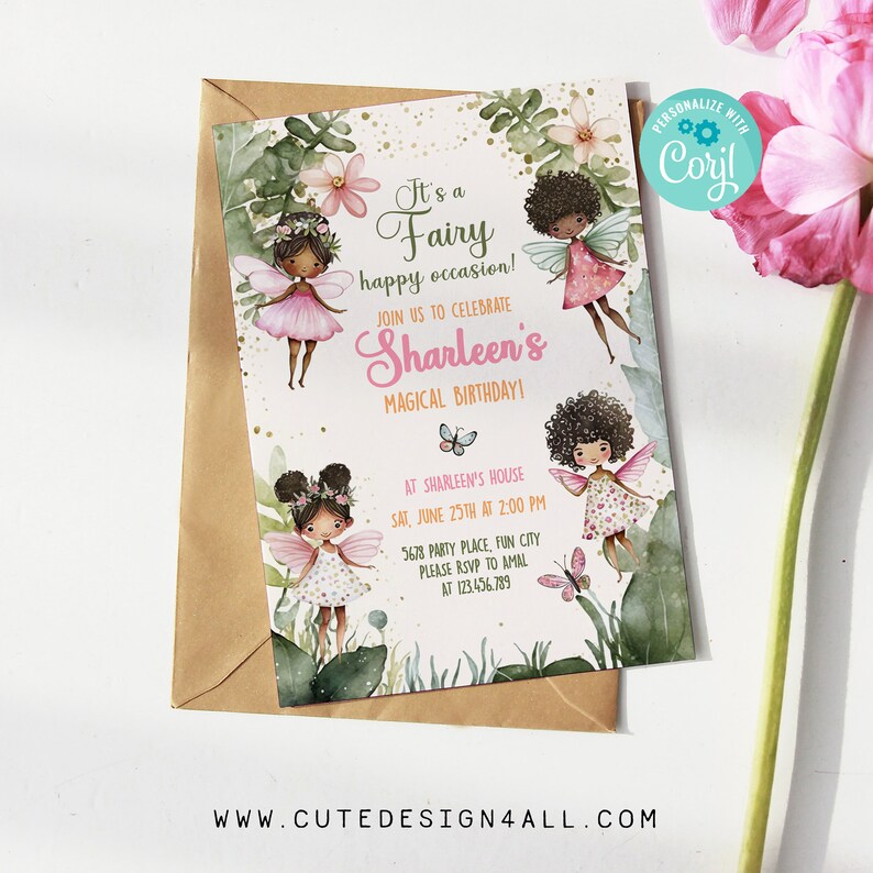 Cute Black Fairies Invitation Card Fairy Folk Butterfly Green Pink ...
