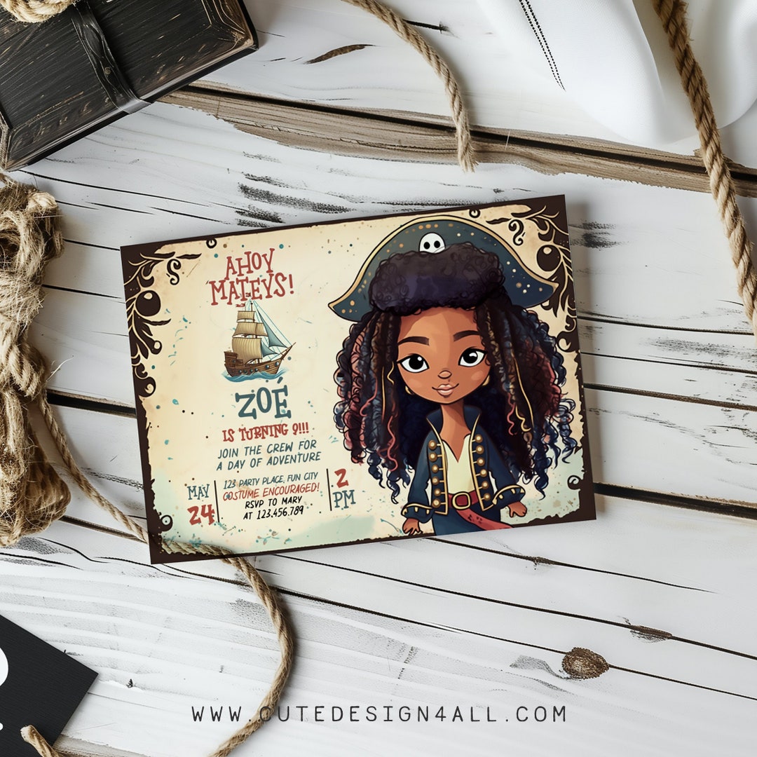 Pirate Afro Black Girl Theme Birthday Invitation Editable Printable ...
