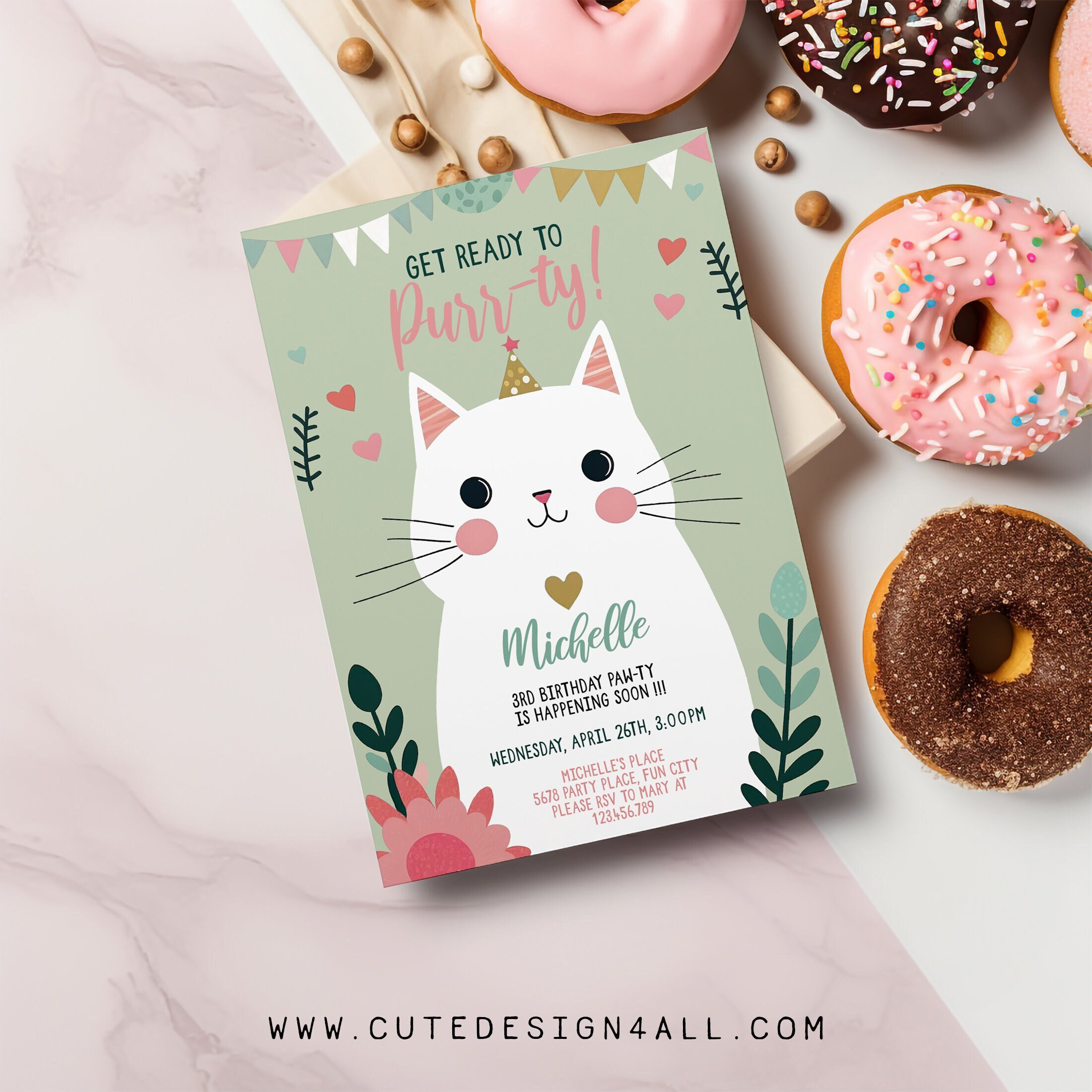 Editable Cute Kitten Cat Birthday Invitation Invite Green and Pink ...