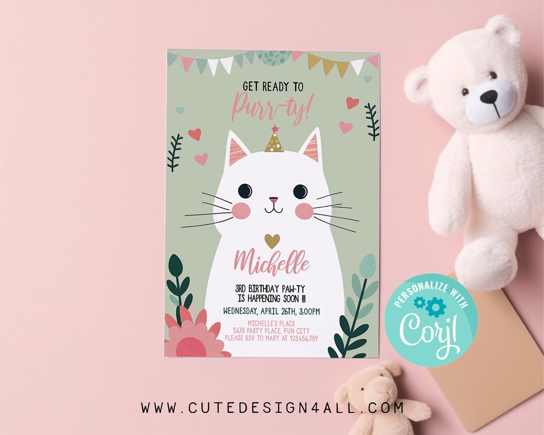Editable Cute Kitten Cat Birthday Invitation Invite Green and - Etsy