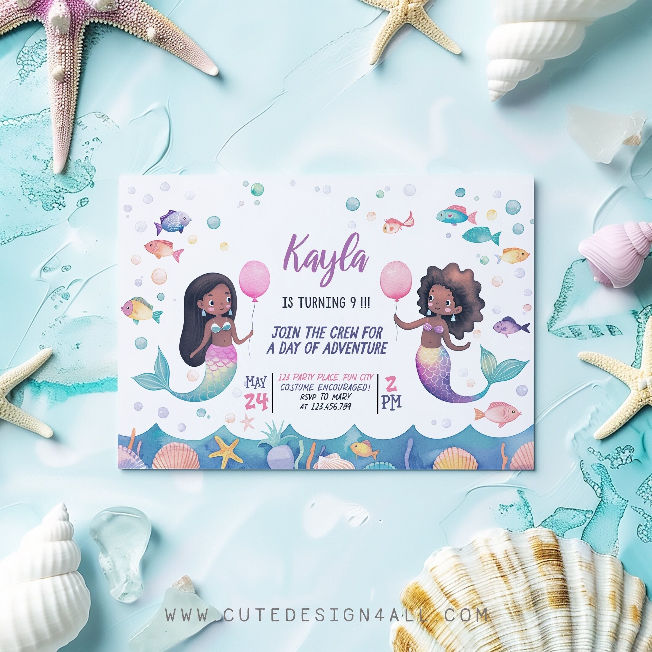 Cute Black Mermaid Birthday Invitation - Editable Printable Template ...