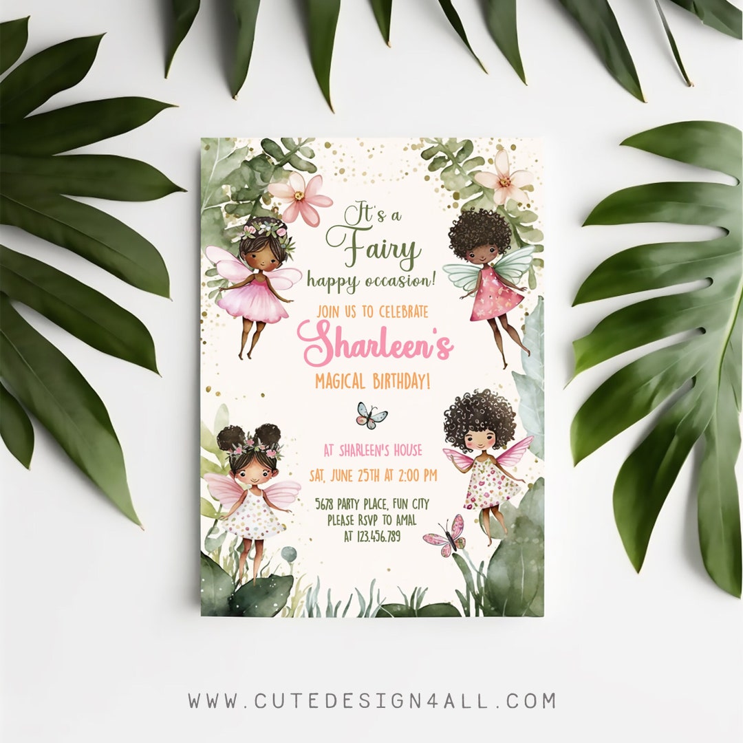 Cute Black Fairies Invitation Card Fairy Folk Butterfly Green Pink ...