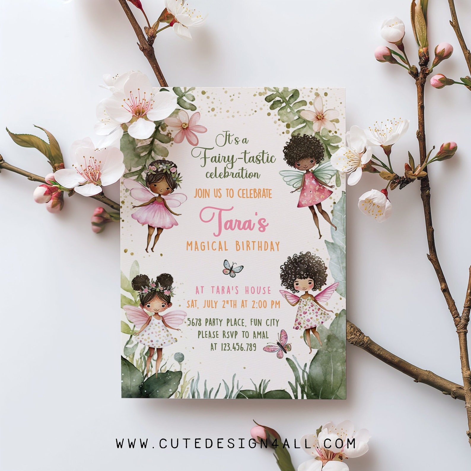 Cute Black Fairies Invitation Card - Fairy Folk Butterfly Green Pink ...