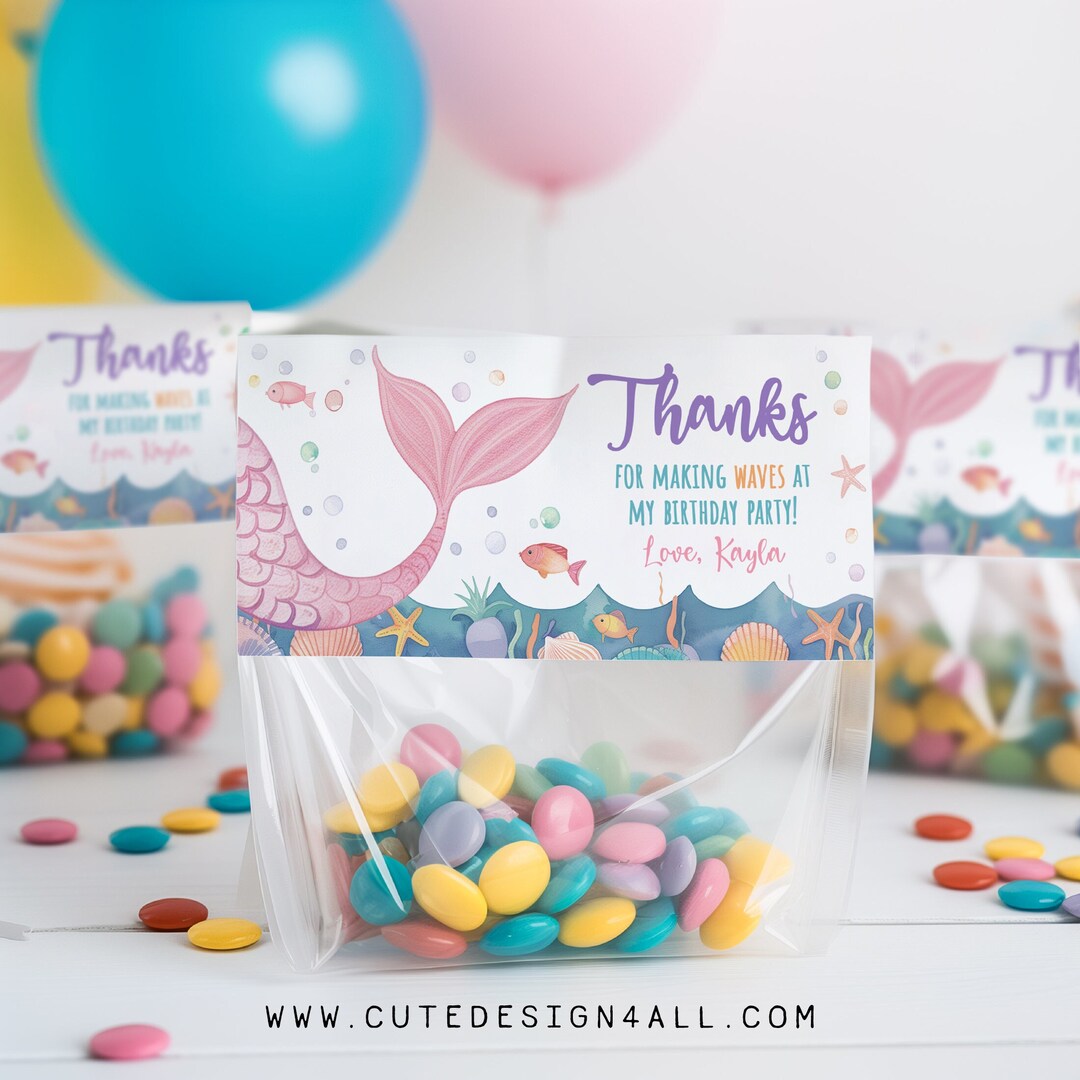 Editable Cute Black Mermaids Goodies Bag Label Tag Candy Favor ...