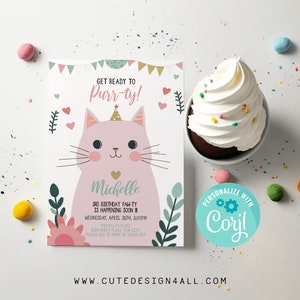 Editable Cute Kitten Cat Birthday Invitation Invite Pink and White ...