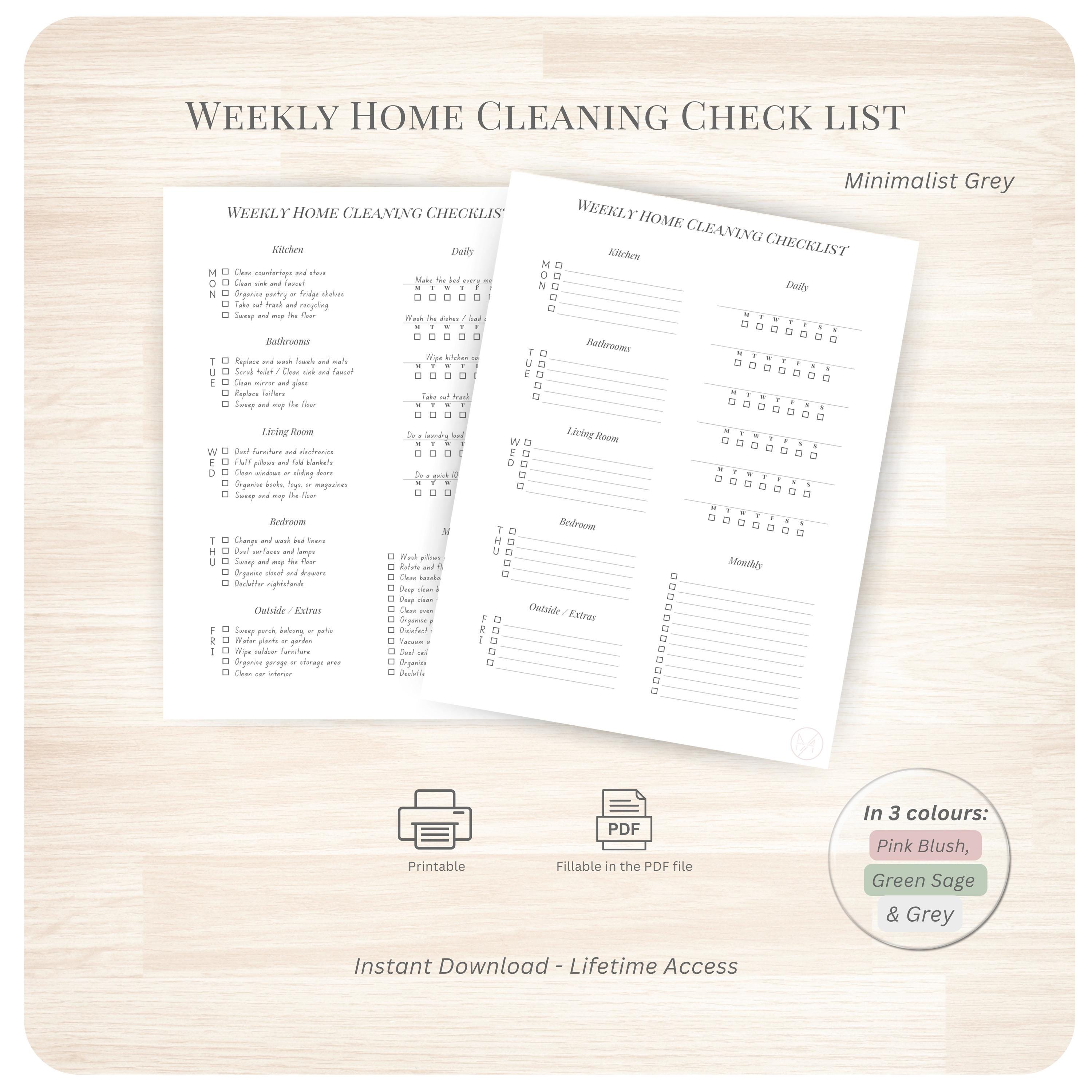 Weekly Cleaning Checklist Printable PDF | Home Planner | A4 + US Letter ...