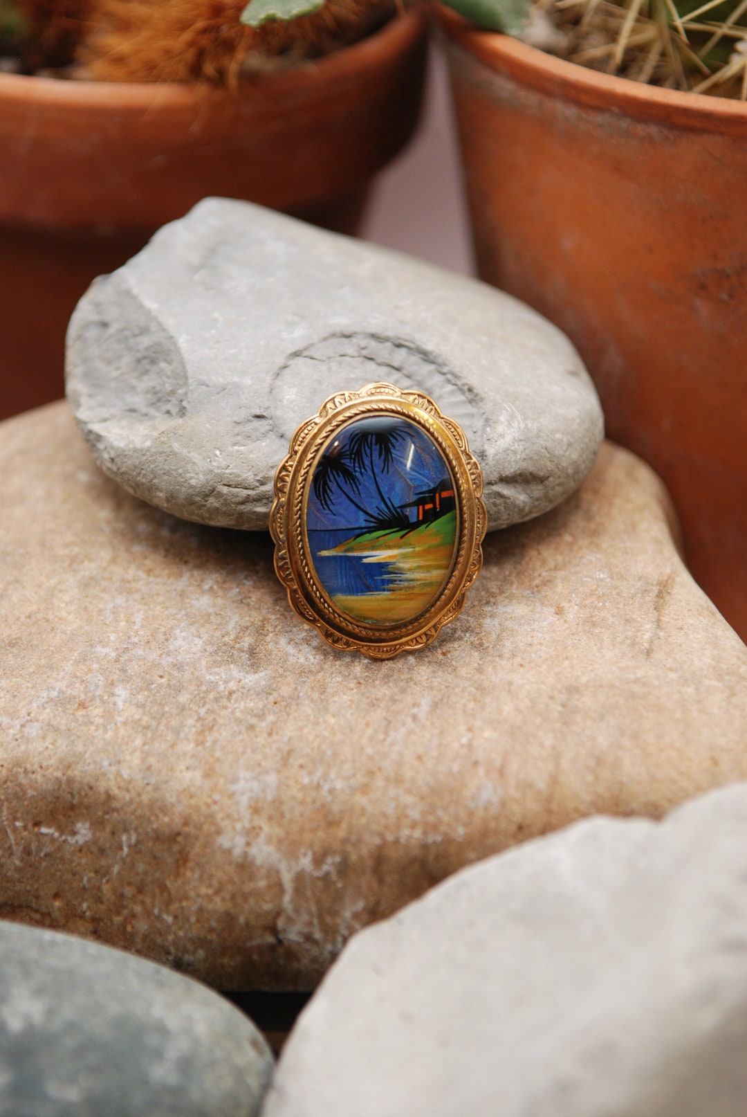 Vintage Thomas Mott Butterfly Wing Jewellery, Oval Beach Scene Brooch ...