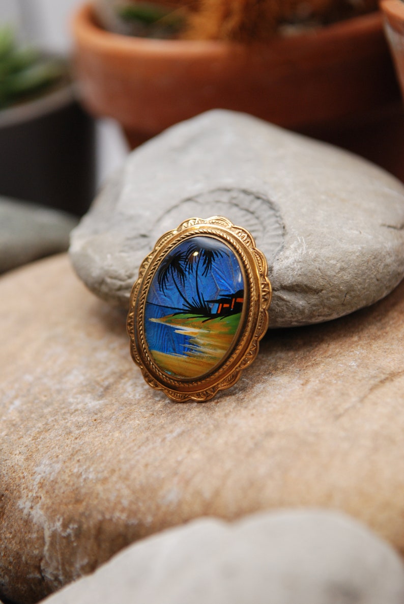 Vintage Thomas Mott Butterfly Wing Jewellery, Oval Beach Scene Brooch ...