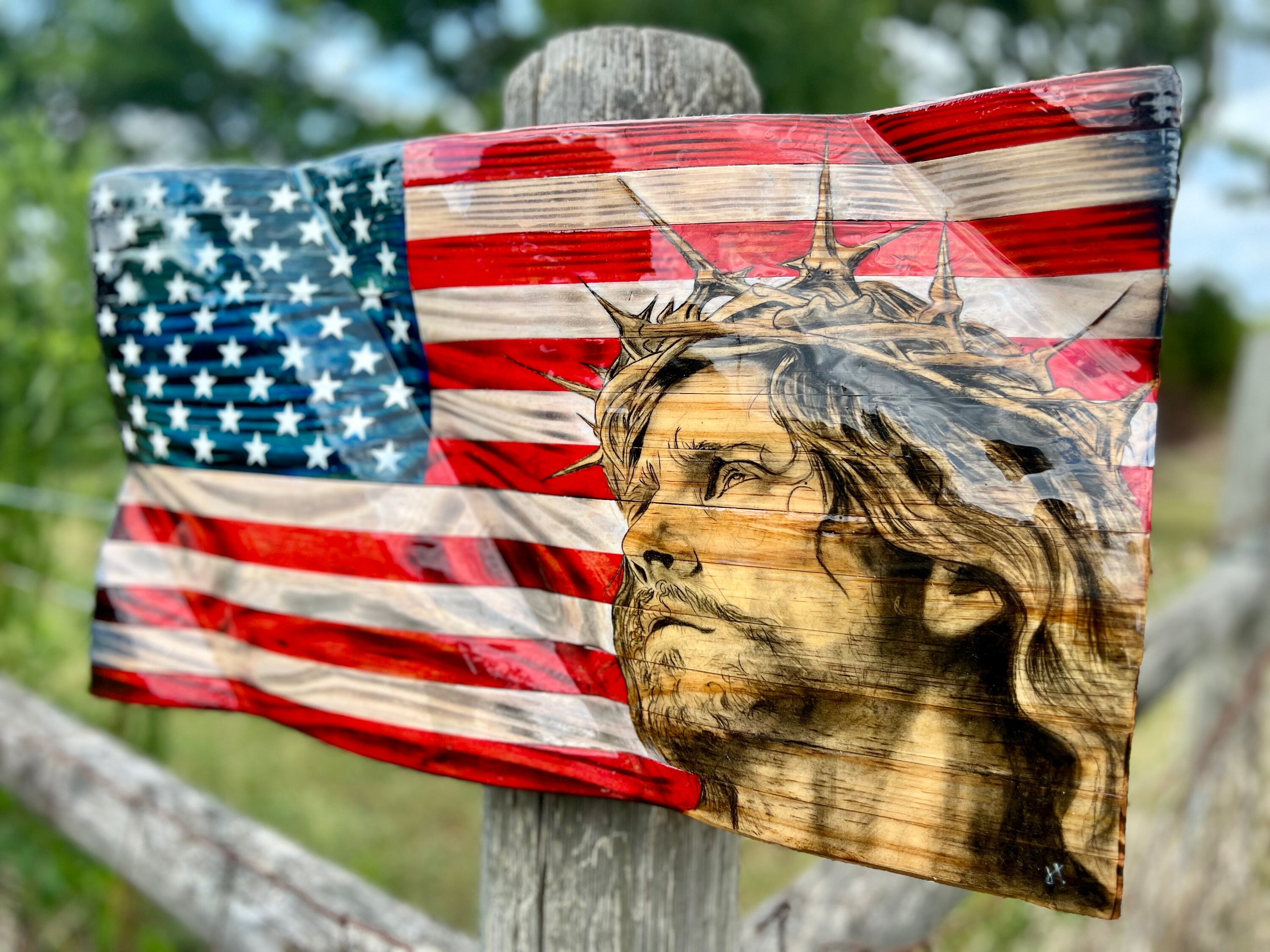 Rustic Waving Wooden American Flag With Charcoal Drawn Jesus - Etsy