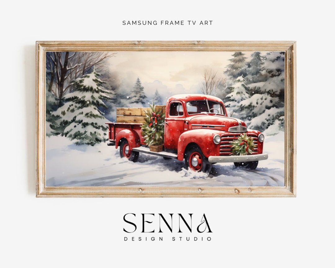 Christmas Frame Red Truck TV Art, Farmhouse Christmas, Winter Painting ...