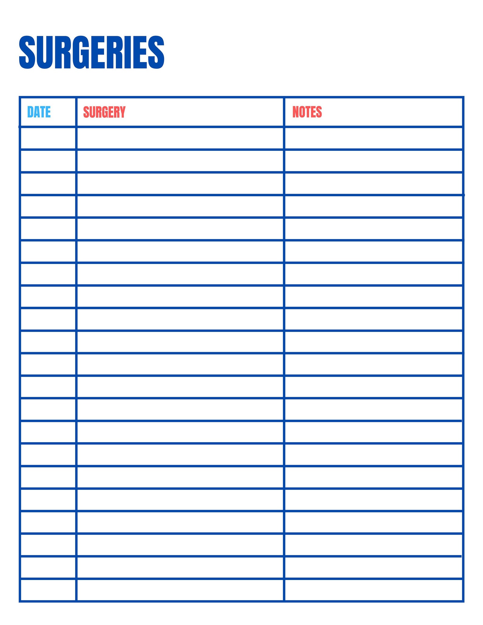 Surgery Log - Surgery Chart - Health Tracker - Medical Tracker - Etsy