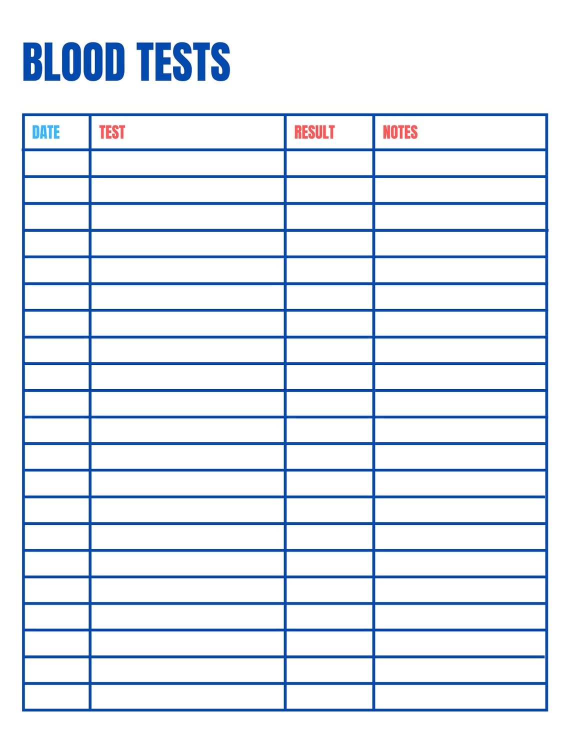 Blood Tests Log - Blood Tests Chart - Health Tracker - Medical Tracker ...