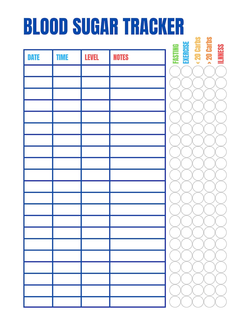 Blood Sugar Log - Blood Sugar Chart - Health Tracker - Medical Tracker ...