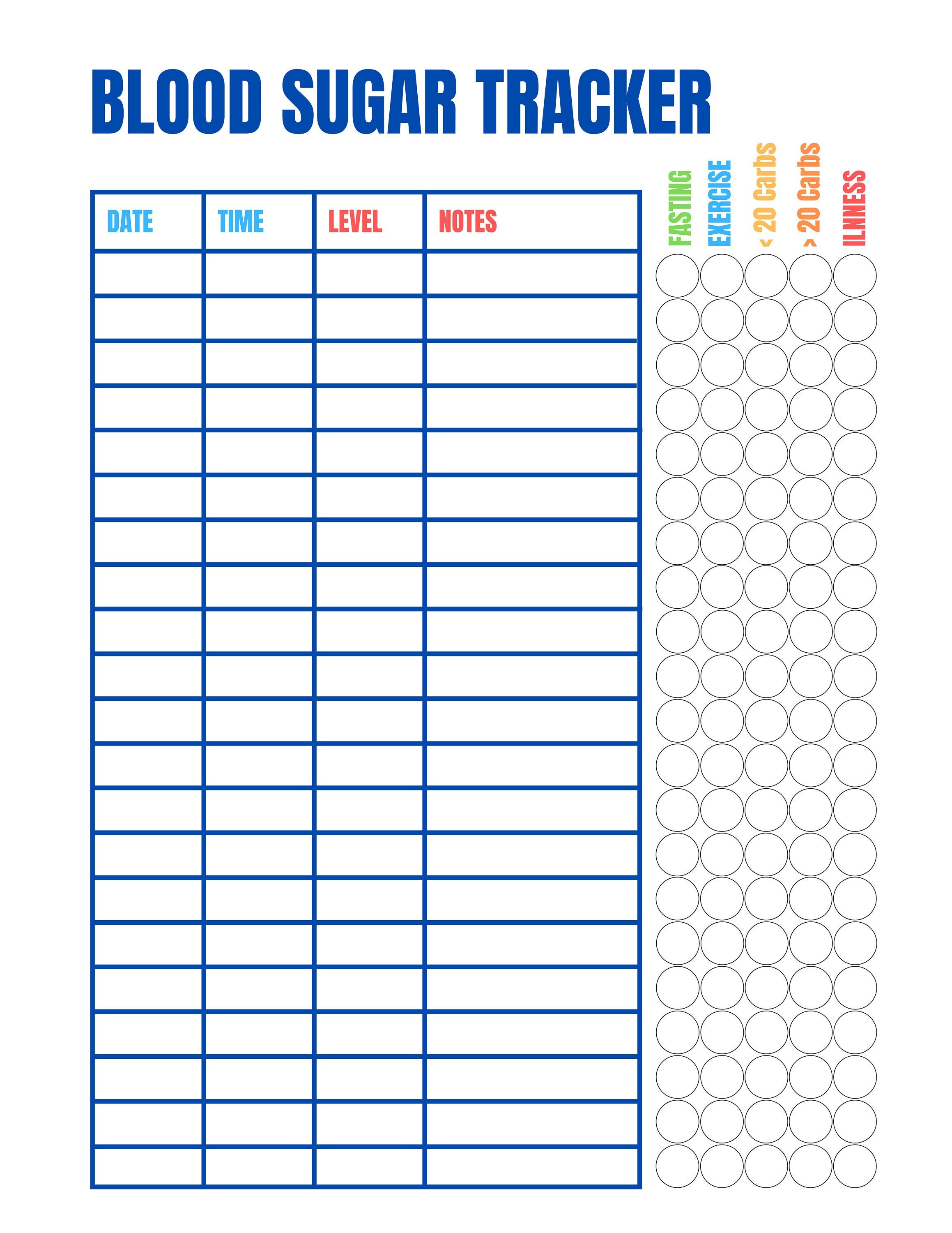 Blood Sugar Log - Blood Sugar Chart - Health Tracker - Medical Tracker ...