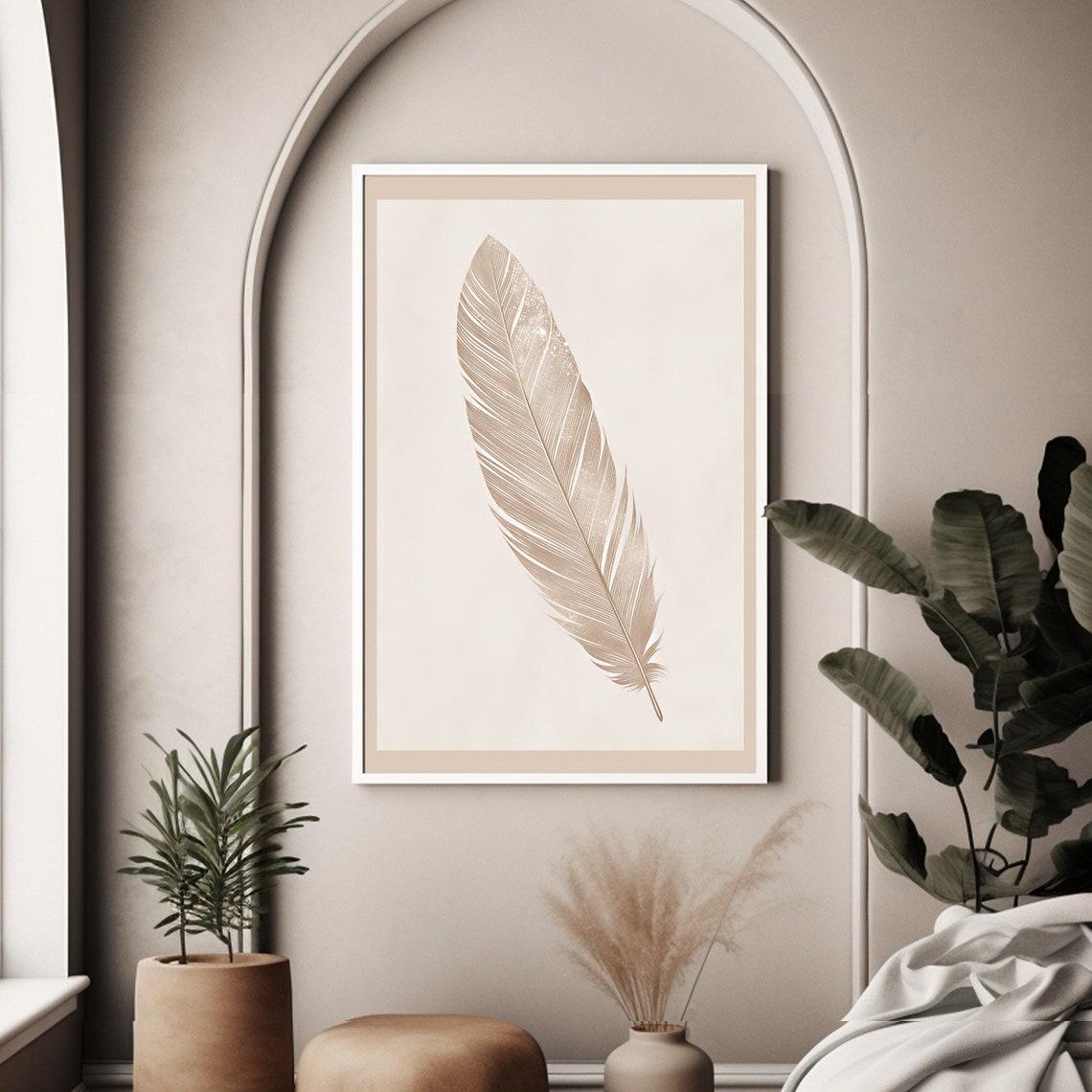 Feather Decor Feather Hanging Deco Neutral Canvas Art Diningroom Wall ...
