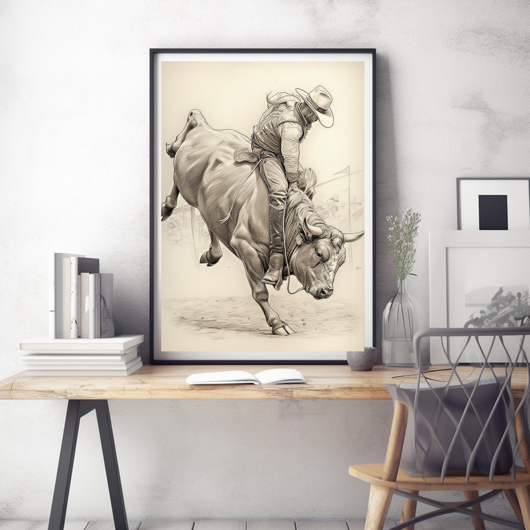 Pencil Drawing Bull Rider Handcrafted Artwork on Etsy Capturing the ...