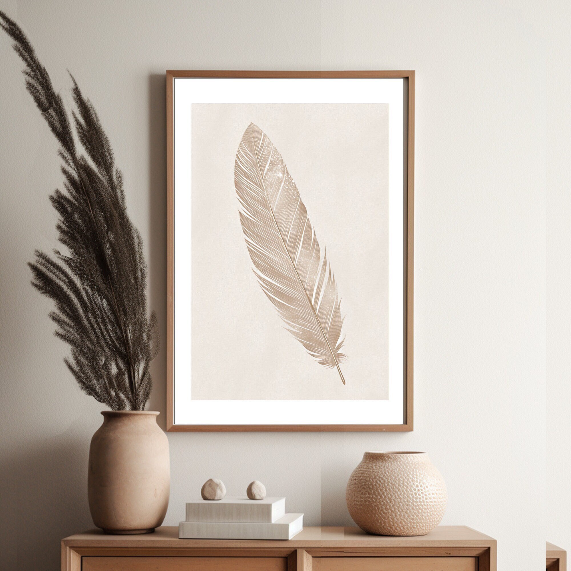 Feather Decor Feather Hanging Deco Neutral Canvas Art Diningroom Wall ...