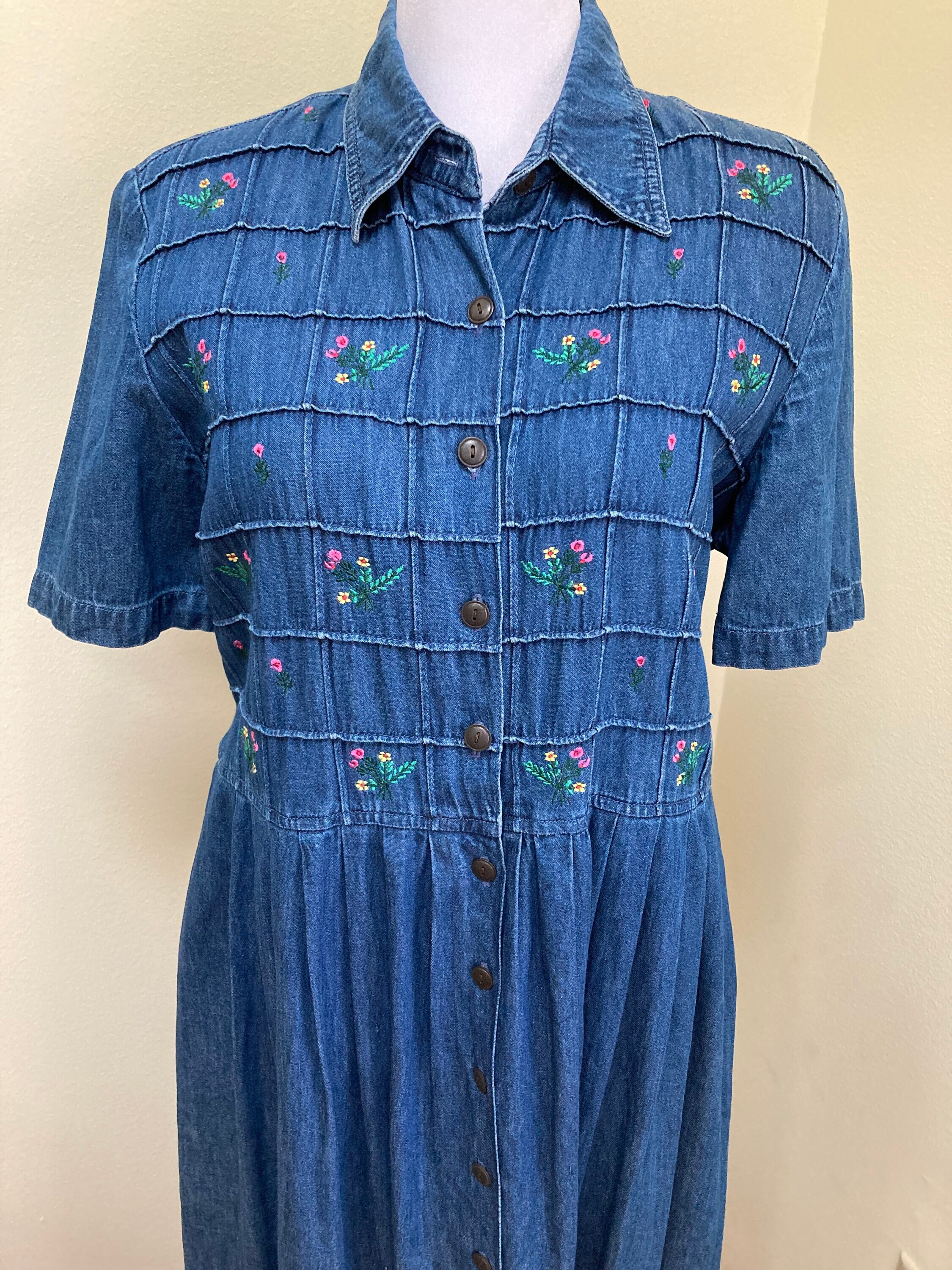 90s Coldwater Creek Blue Denim Maxi Dress W Floral Embroidery. Size PM ...