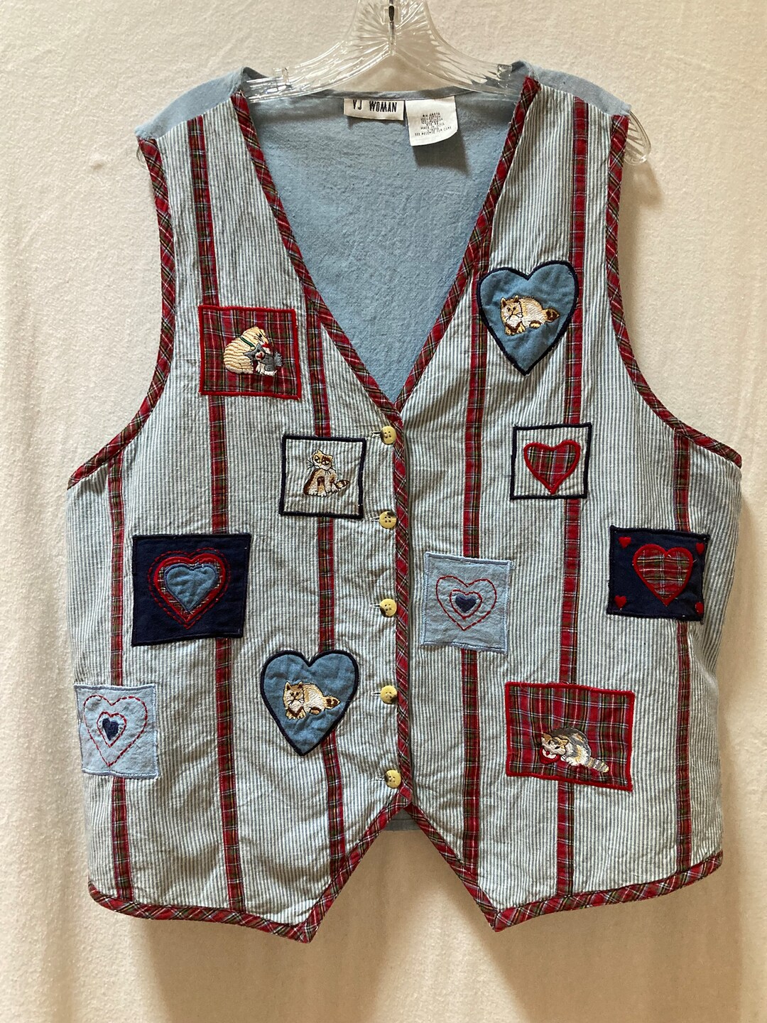 Women’s Vest W/ Cats and Hearts Appliqués and Embroidery. Cotton ...
