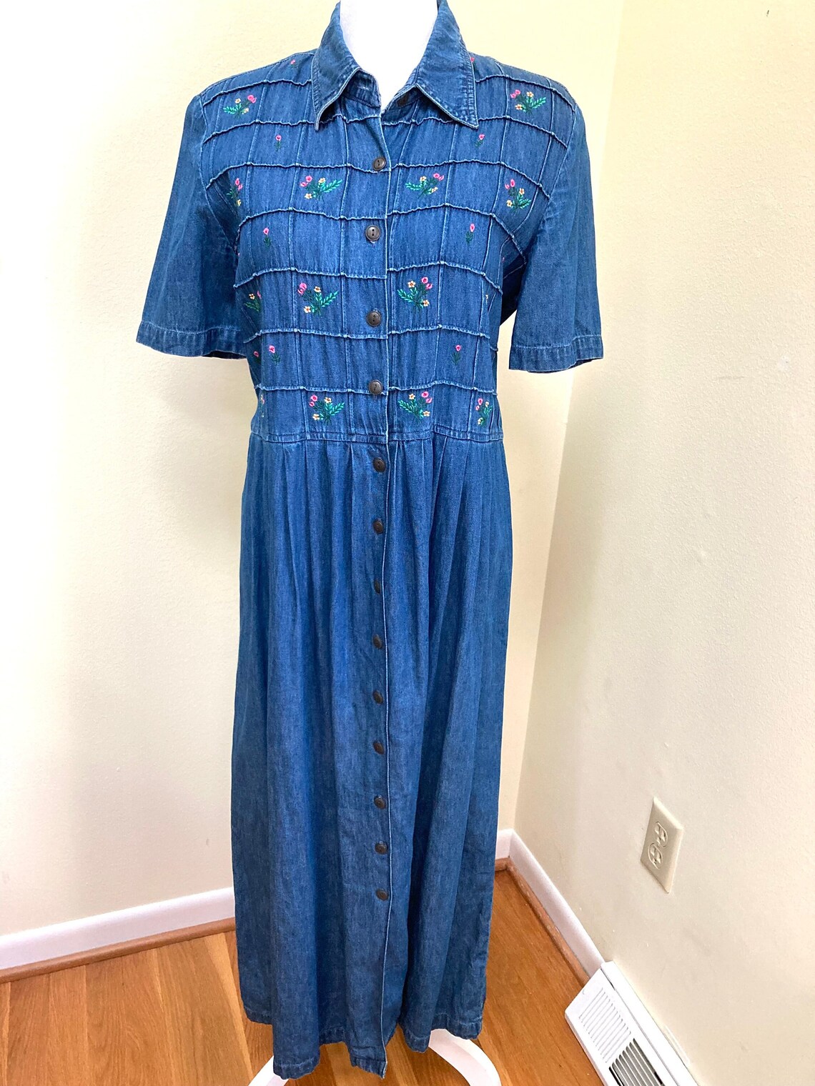 90s Coldwater Creek Blue Denim Maxi Dress W Floral Embroidery. Size PM ...