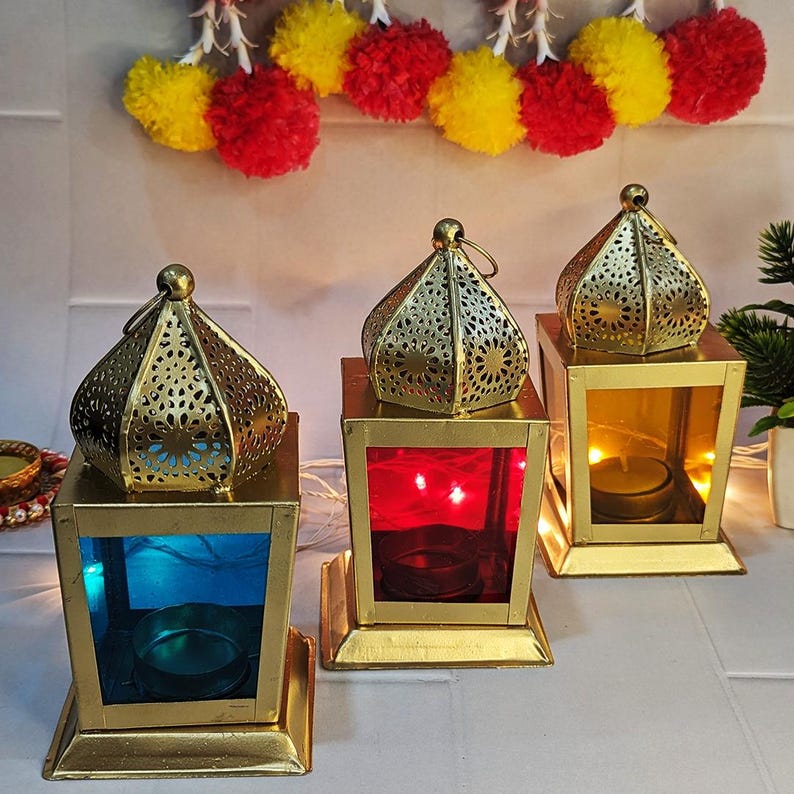 Set of 2 Stained Square Golden Lanterns Single, Moroccan Lantern ...
