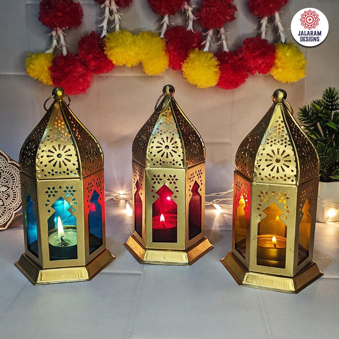 Set of 2 Stained Glass Golden Lanterns - Single, Moroccan Lantern ...