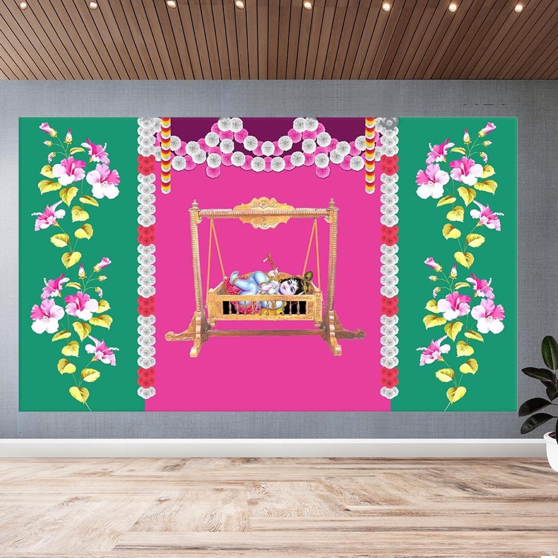 Little Krishna in Cradle Design Backdrop for Pooja Decoration ...
