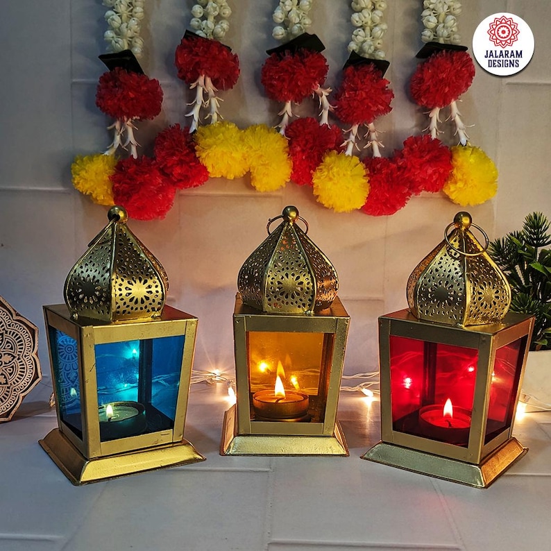 Set of 2 Stained Square Golden Lanterns Single, Moroccan Lantern ...